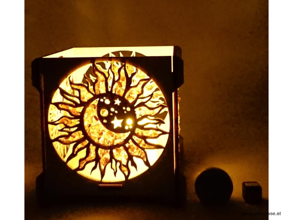 Bernstein Teelichthalter - Sonne, Mond & Sterne